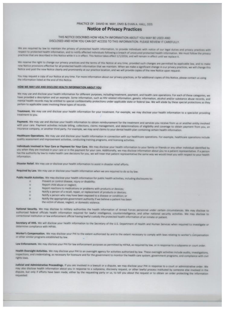Privacy practice notice - Pittsburgh, PA - Evan A. Hall DDS